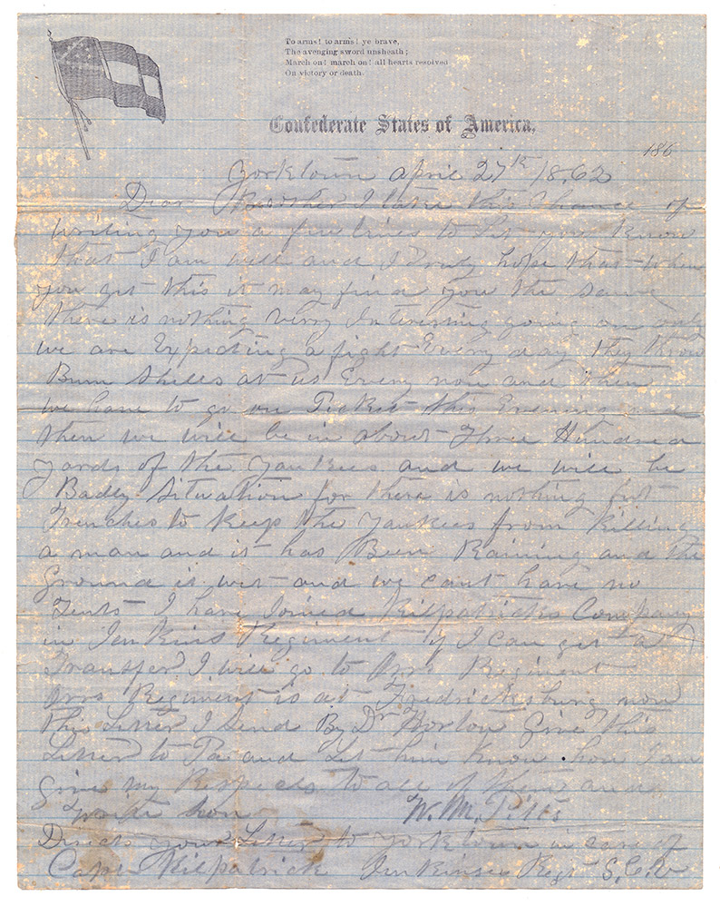 CONFEDERATE SOLDIER LETTER - WILLIAM PITTS, CO. “B”, 1ST REGT. SOUTH ...