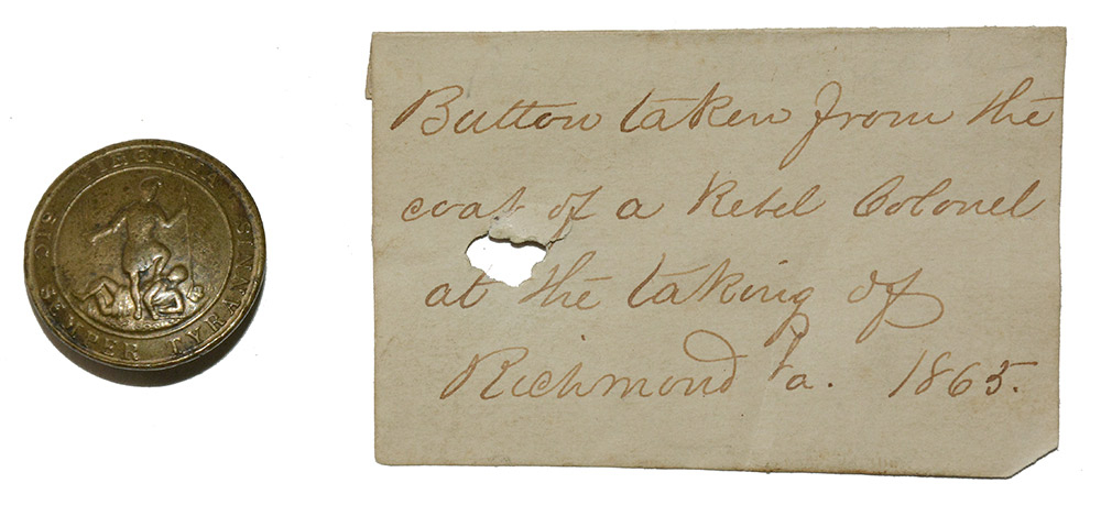 VIRGINIA BUTTON WITH LABEL, FROM COAT OF REBEL COLONEL — Horse Soldier
