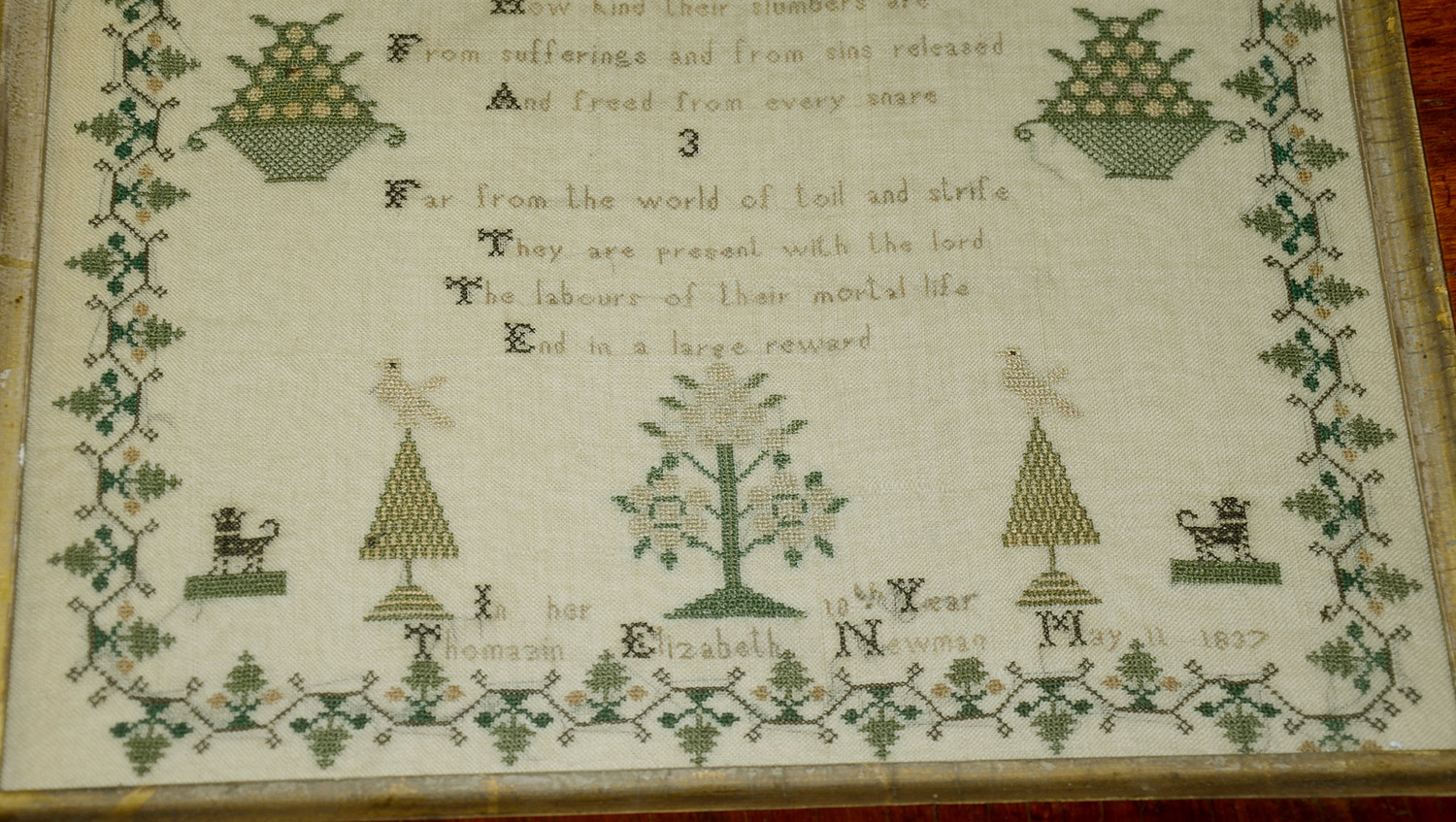 FRAMED CROSS STITCH SAMPLER, DATED MAY 11, 1837 — Horse Soldier