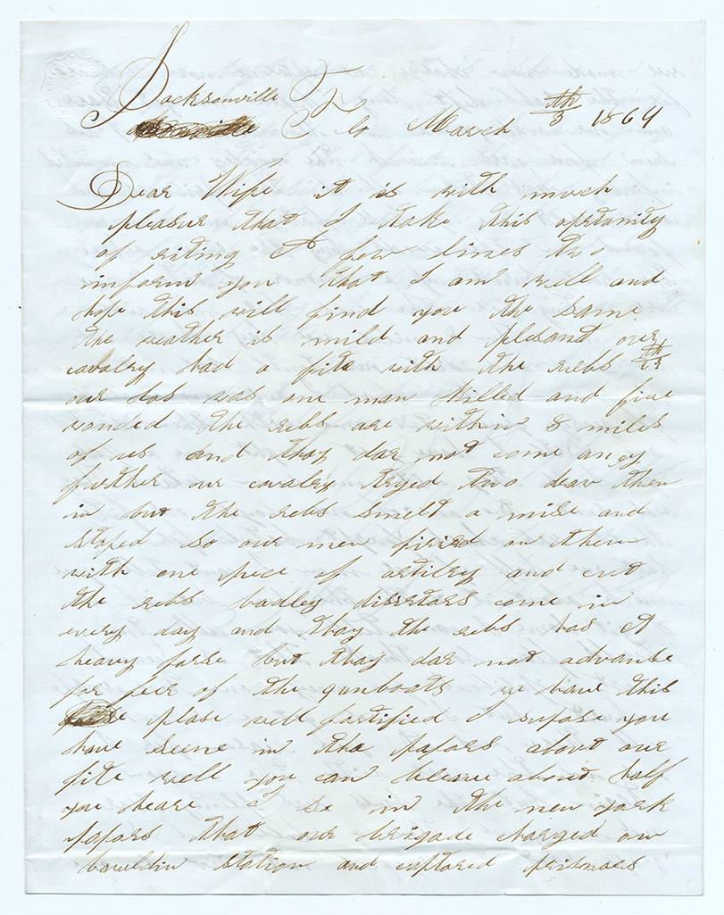 1864 UNION SOLDIER LETTER - BATTLE OF OLUSTEE, FL; REUBEN T. WELLS, CO ...