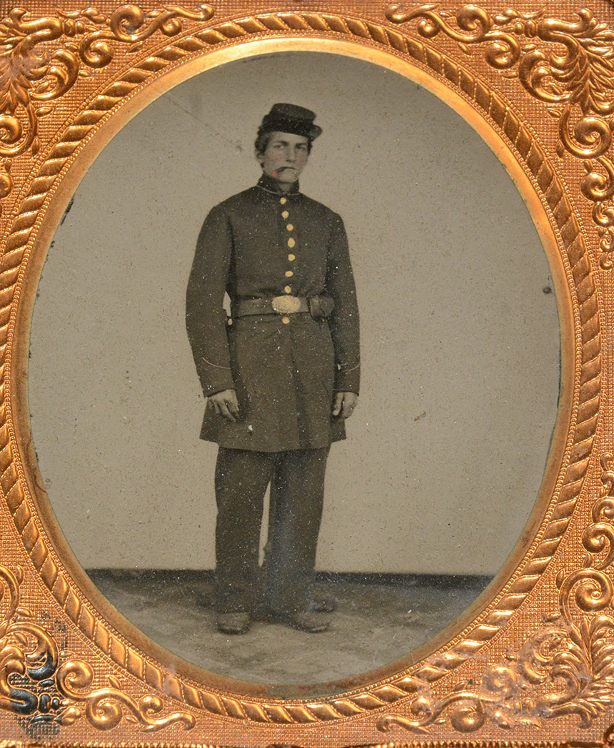 VERY NICE FULL STANDING AMBROTYPE OF A CIGAR SMOKING UNION SOLDIER ...
