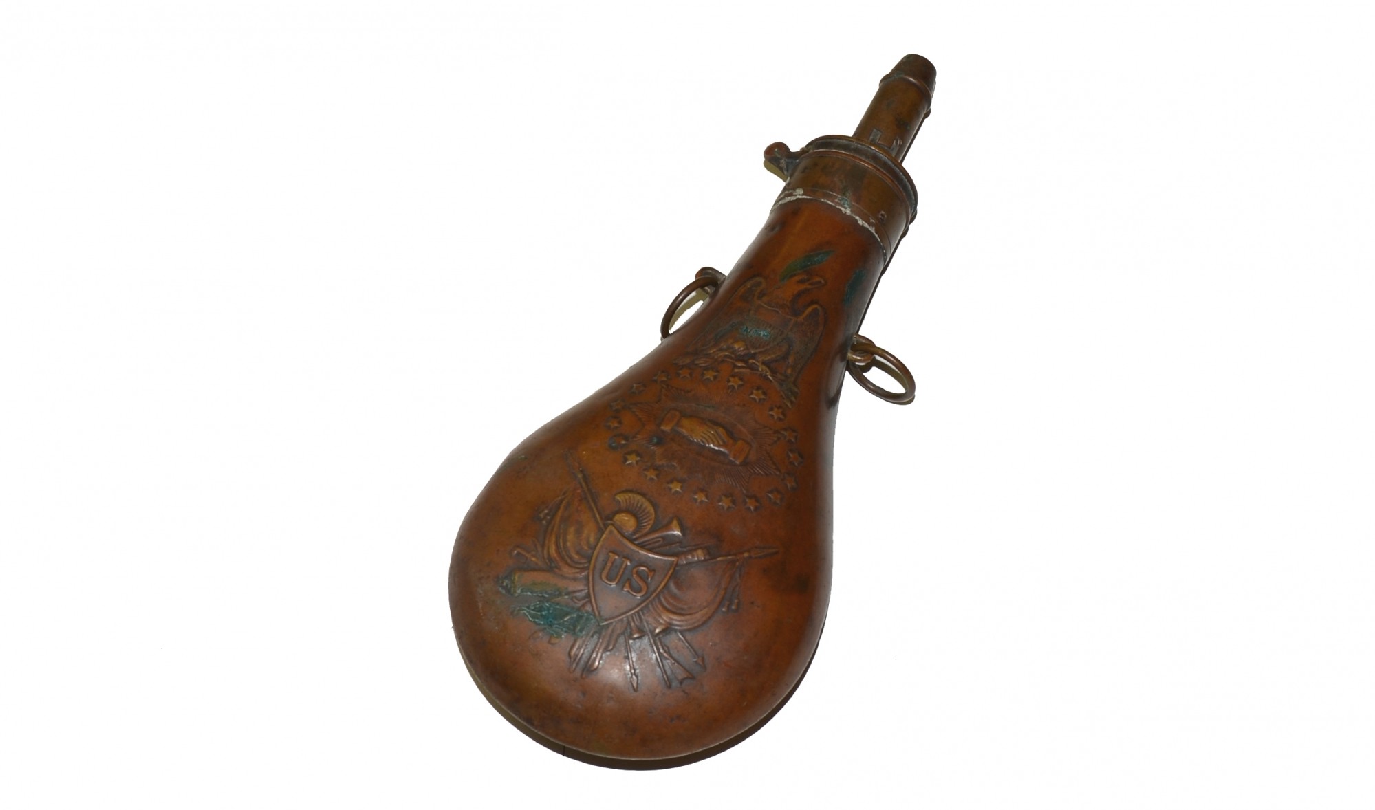 FINE LARGE ‘BATTY’-MARKED CIVIL WAR ERA MARTIAL PEACE POWDER FLASK ...