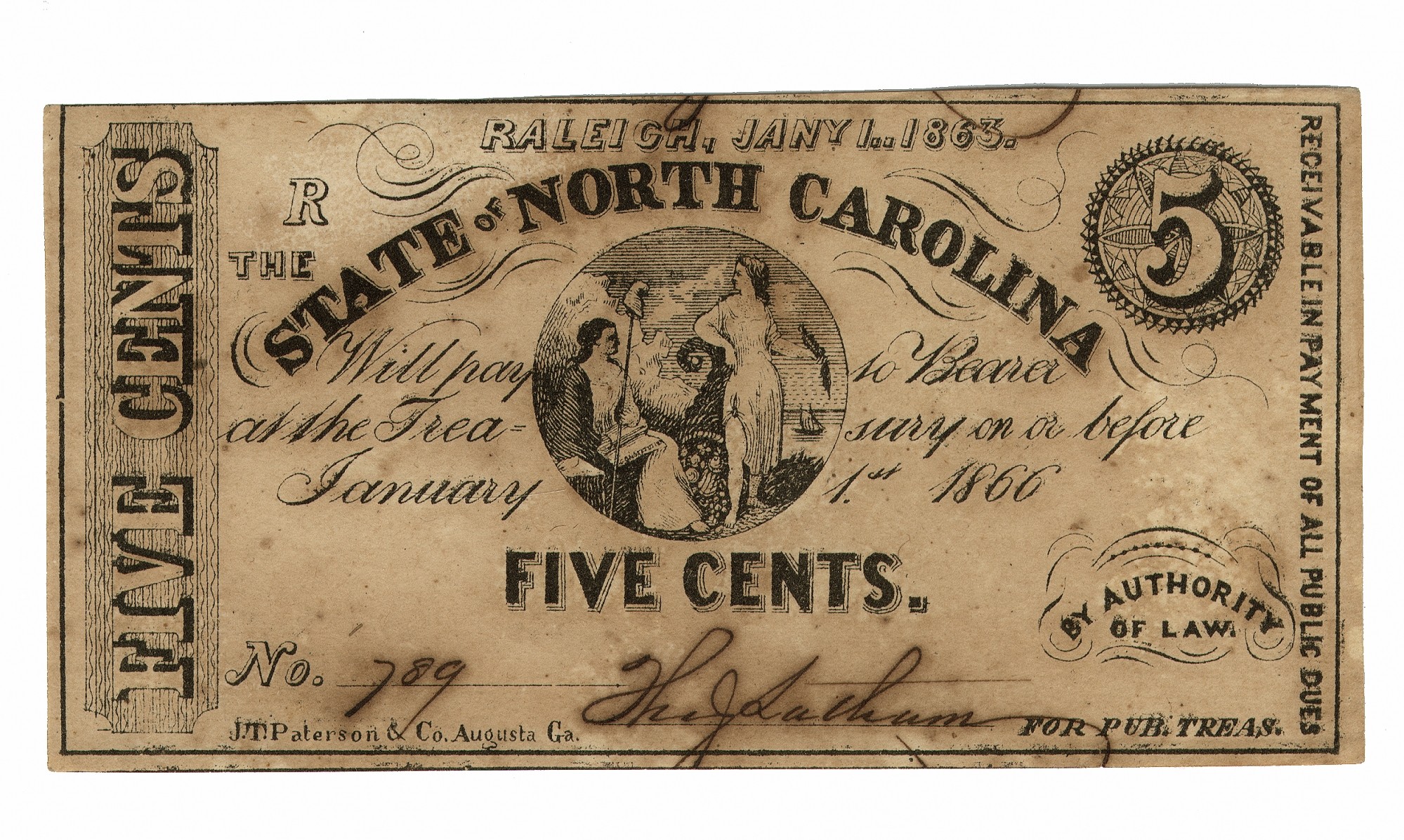 JANUARY 1, 1863 STATE OF NORTH CAROLINA 5 CENT NOTE — Horse Soldier
