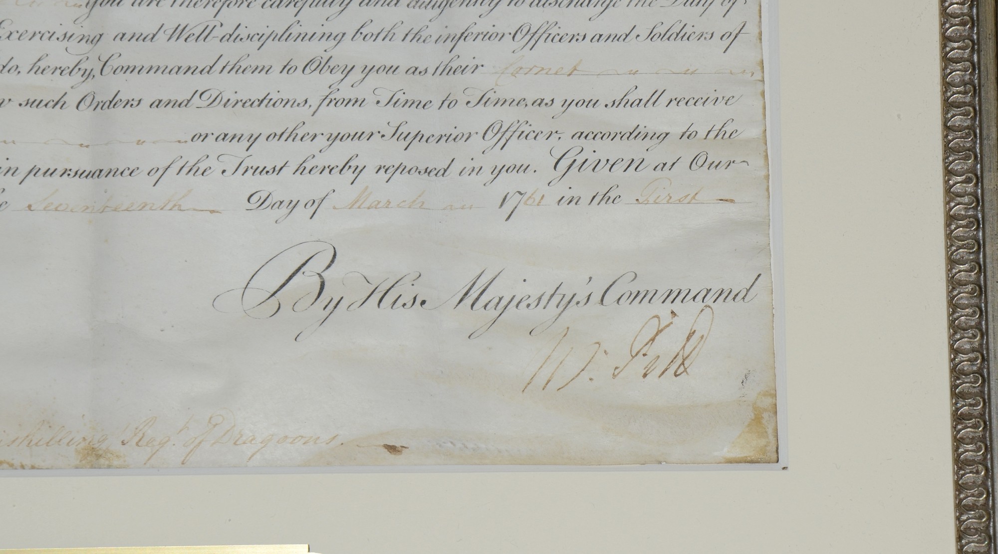 1761 COMMISSION SIGNED BY KING GEORGE III AND WILLIAM PITT — Horse Soldier