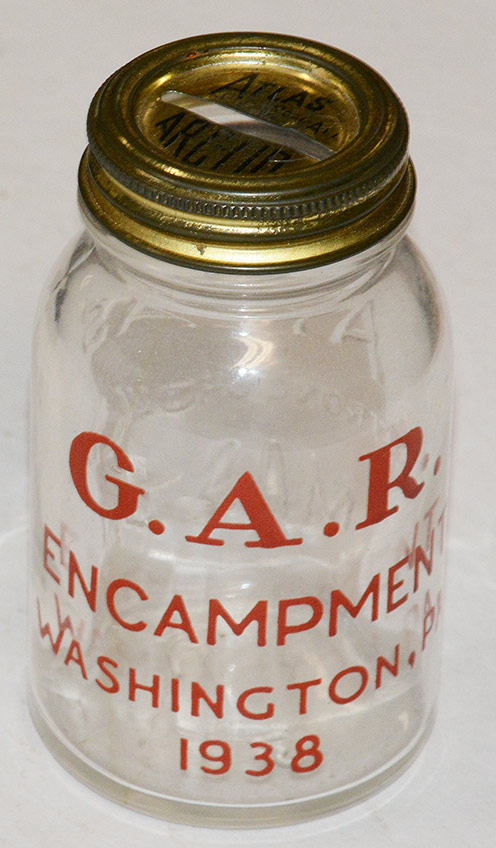 UNUSUAL GAR SOUVENIR - SMALL GLASS BOTTLE BANK — Horse Soldier