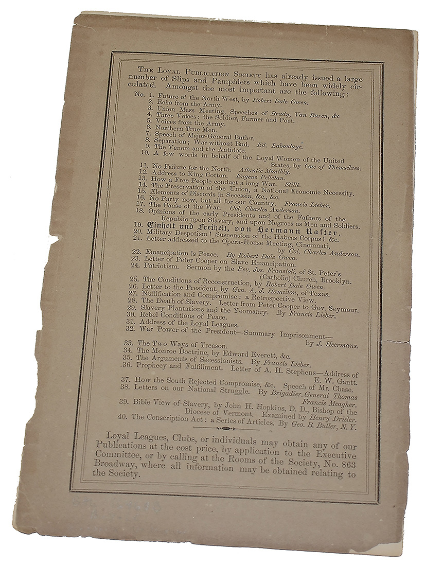 WAR-TIME PAMPHLET BY THE LOYAL PUBLICATION SOCIETY OF NEW YORK — Horse ...