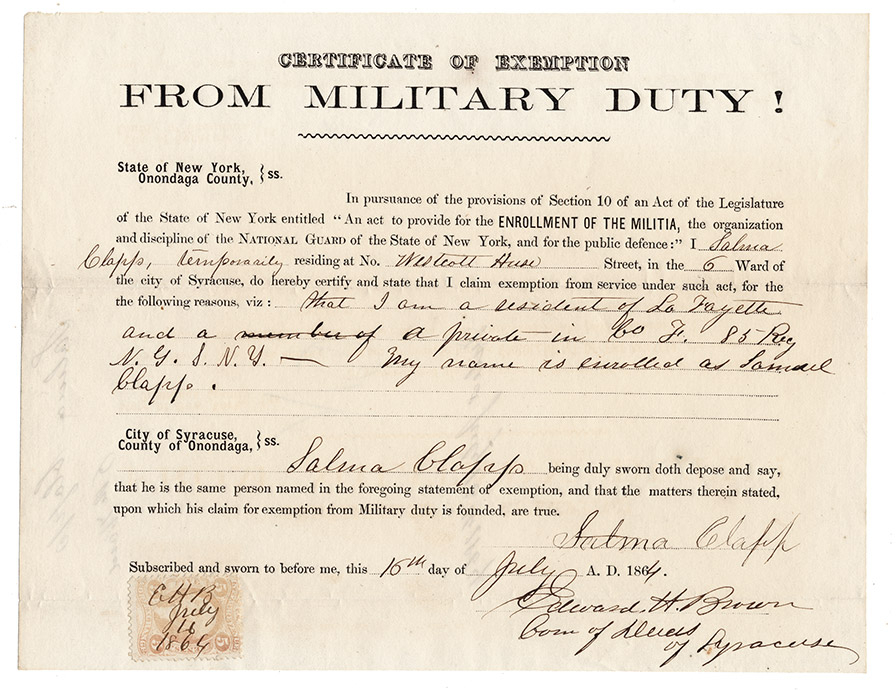CERTIFICATE OF EXEMPTION FROM MILITARY DUTY, DATED 1864 — Horse Soldier