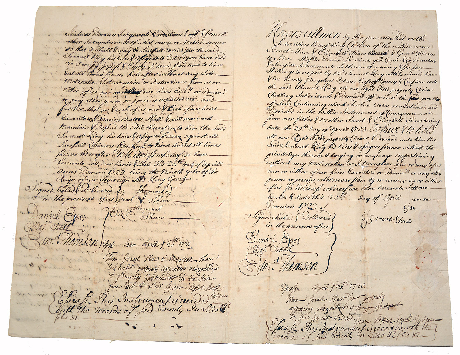 1723 SALEM MASSACHUSSETS LAND TRANSFER INSTRUMENT—TWO TITLE DEEDS IN ...