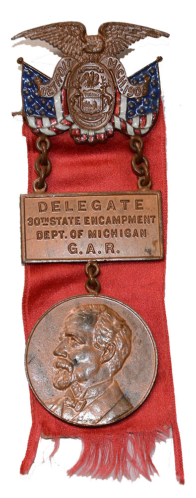 VERY NICE-LOOKING 1908 STATE OF MICHIGAN GAR DELEGATE BADGE — Horse Soldier