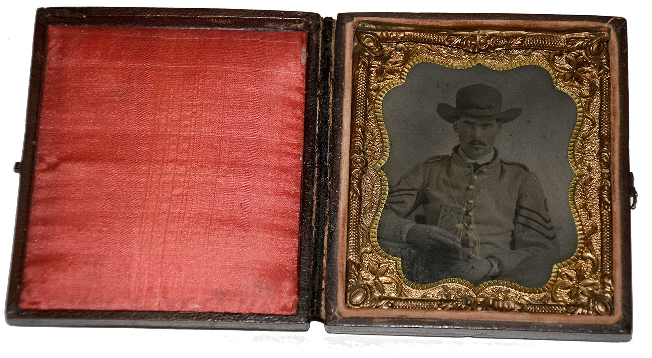 SIXTH-PLATE TINTYPE OF A CONFEDERATE 1st SERGEANT — Horse Soldier