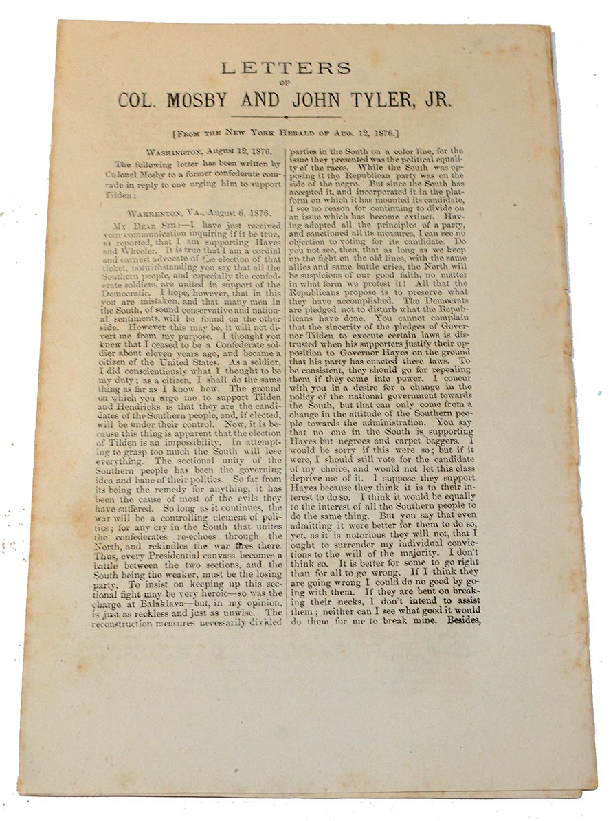 PAMPHLET, LETTERS OF COL. MOSBY AND JOHN TYLER — Horse Soldier