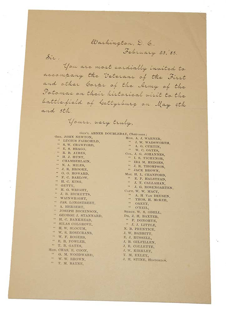 1885 GETTYSBURG HISTORICAL TOUR INVITATION - GEN. ABNER DOUBLEDAY ...