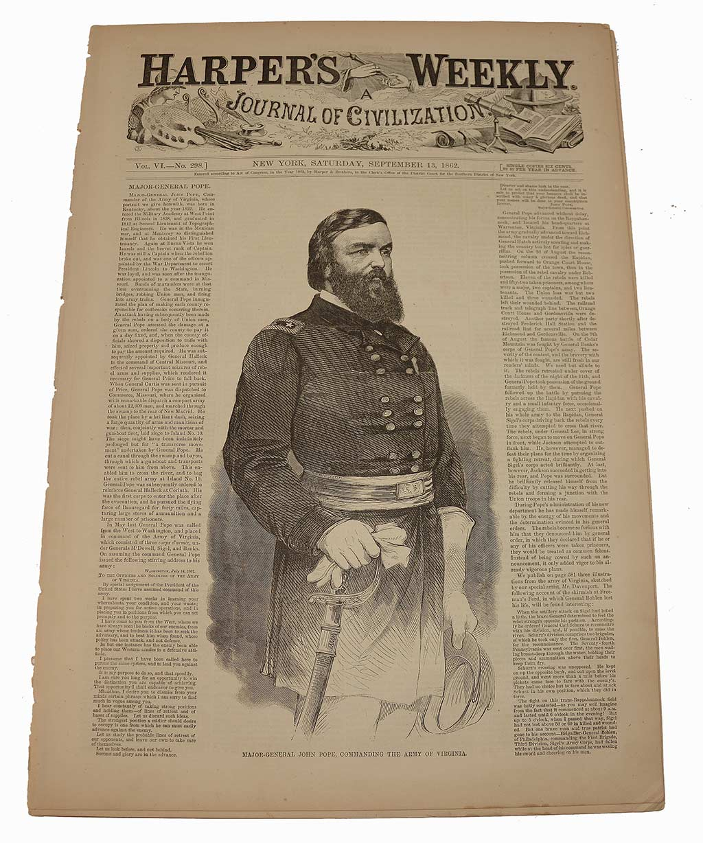 HARPER’S WEEKLY, SEPTEMBER 13, 1862 - MAJOR GEN. JOHN POPE/CEDAR CREEK ...