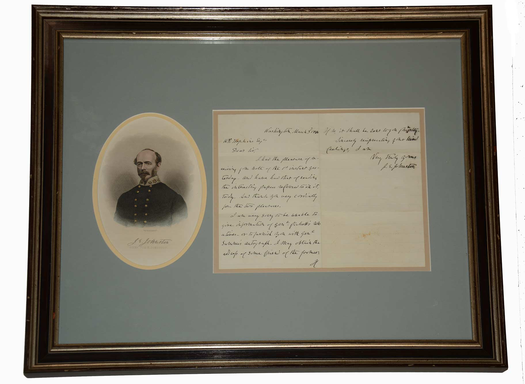 FRAMED GENERAL JOSEPH E. JOHNSTON, CS SIGNED ALS w/COLOR LITHOGRAPH ...