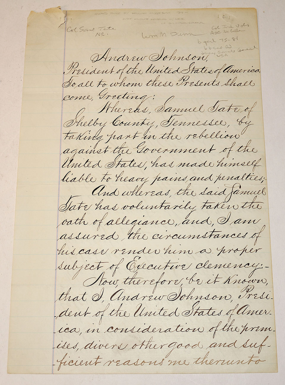 PRESIDENT ANDREW JOHNSON - MANUSCRIPT COPY - EXECUTIVE CLEMENCY — Horse ...