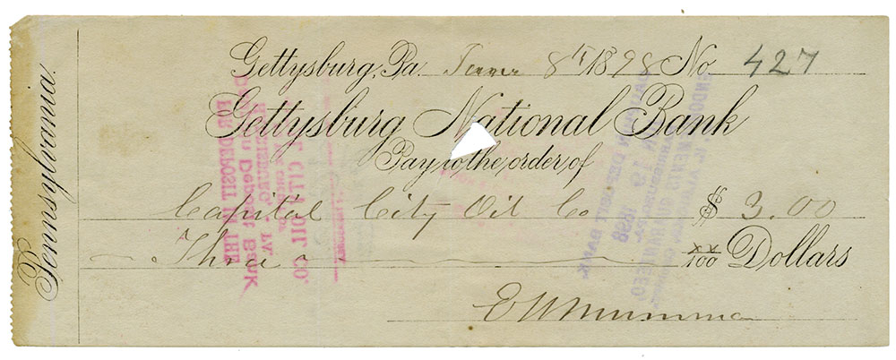 GETTYSBURG NATIONAL BANK CHECK FROM 1898 SIGNED BY DR. EDWARD W. MUMMA ...