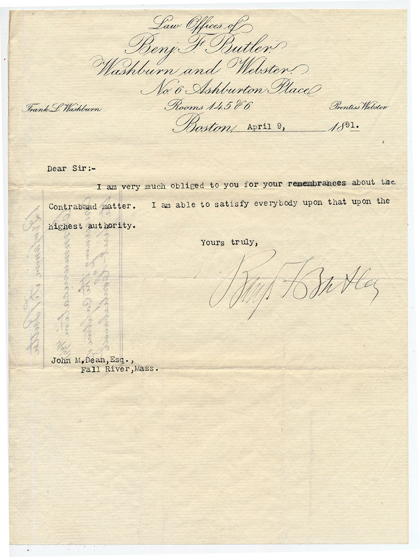 1891 ALS MAJOR GENERAL BENJAMIN BUTLER — Horse Soldier