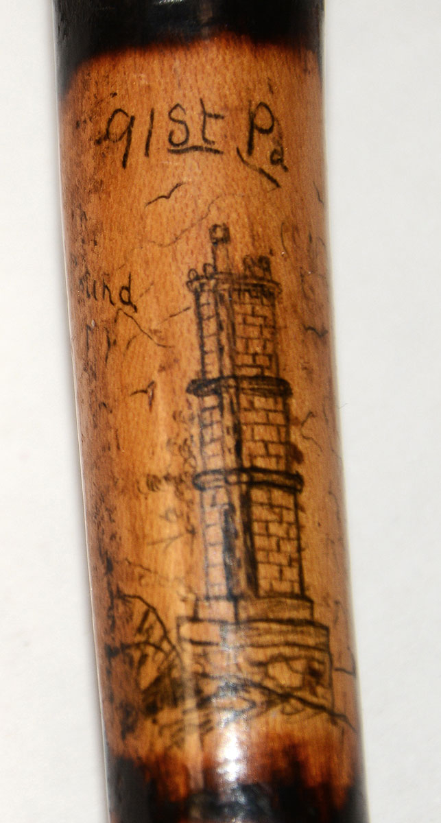 91st PENNSYLVANIA MONUMENT SOUVENIR PYROGRAPHY CANE — Horse Soldier