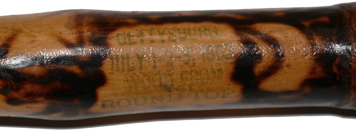 PYROGRAPHY CANE MADE FROM WOOD ON LITTLE ROUND TOP, WITH CORPS BADGES ...
