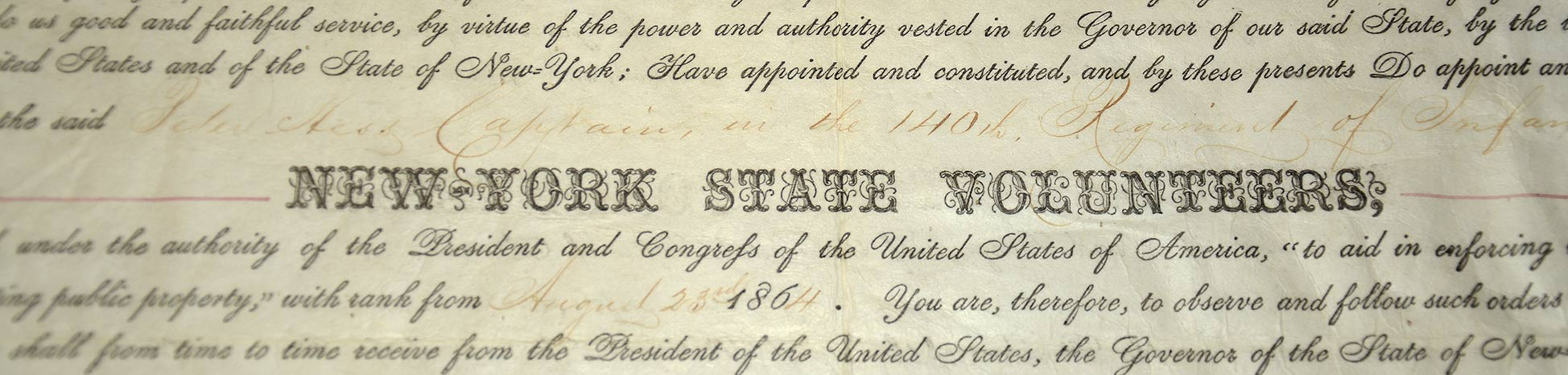 FRAMED COMMISSION TO RANK OF CAPTAIN FOR PETER HESS, 140TH NEW YORK ...