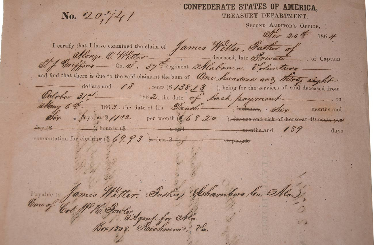 CONFEDERATE FINAL PAY DOCUMENT FOR 37TH ALABAMA SOLDIER WHO DIED IN ...