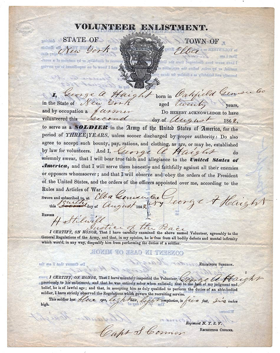 U.S. VOLUNTEER ENLISTMENT CERTIFICATE - PRIVATE GEORGE A. HAIGHT, CO ...