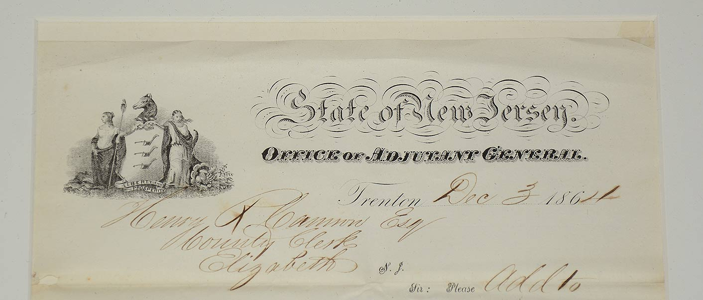 FRAMED 1864 NEW JERSEY ADJUTANT GENERAL’S DOCUMENT WITH PIECE OF ...