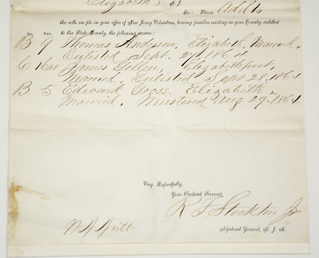 FRAMED 1864 NEW JERSEY ADJUTANT GENERAL’S DOCUMENT WITH PIECE OF ...