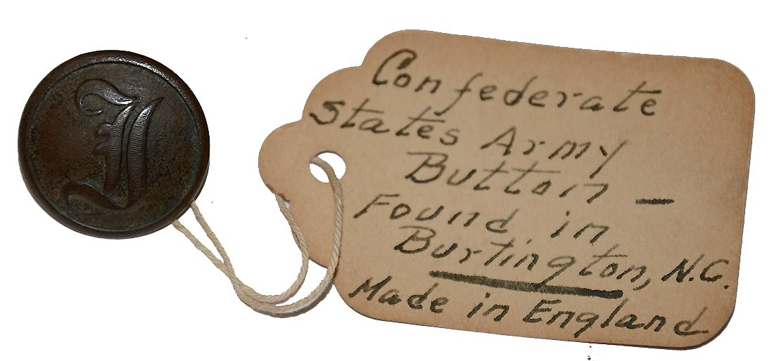 CONFEDERATE SCRIPT “I” COAT BUTTON WITH TAG FROM NORTH CAROLINA — Horse ...