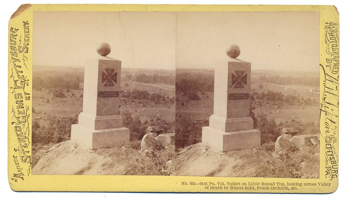 STEREO VIEW OF THE 91ST PENNSYLVANIA MONUMENT AT ON LITTLE ROUND TOP ...