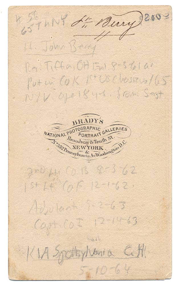 BRADY IMAGE OF CAPTAIN JOHN BERRY OF THE 65TH NEW YORK - KILLED AT ...