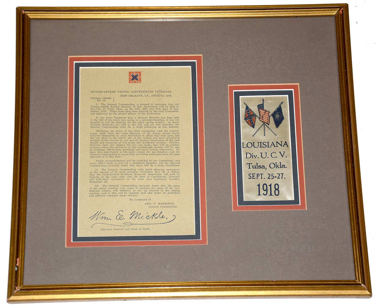 UNITED CONFEDERATE VETERANS’ GENERAL ORDERS No. 16, WITH 1918 LOUISIANA ...