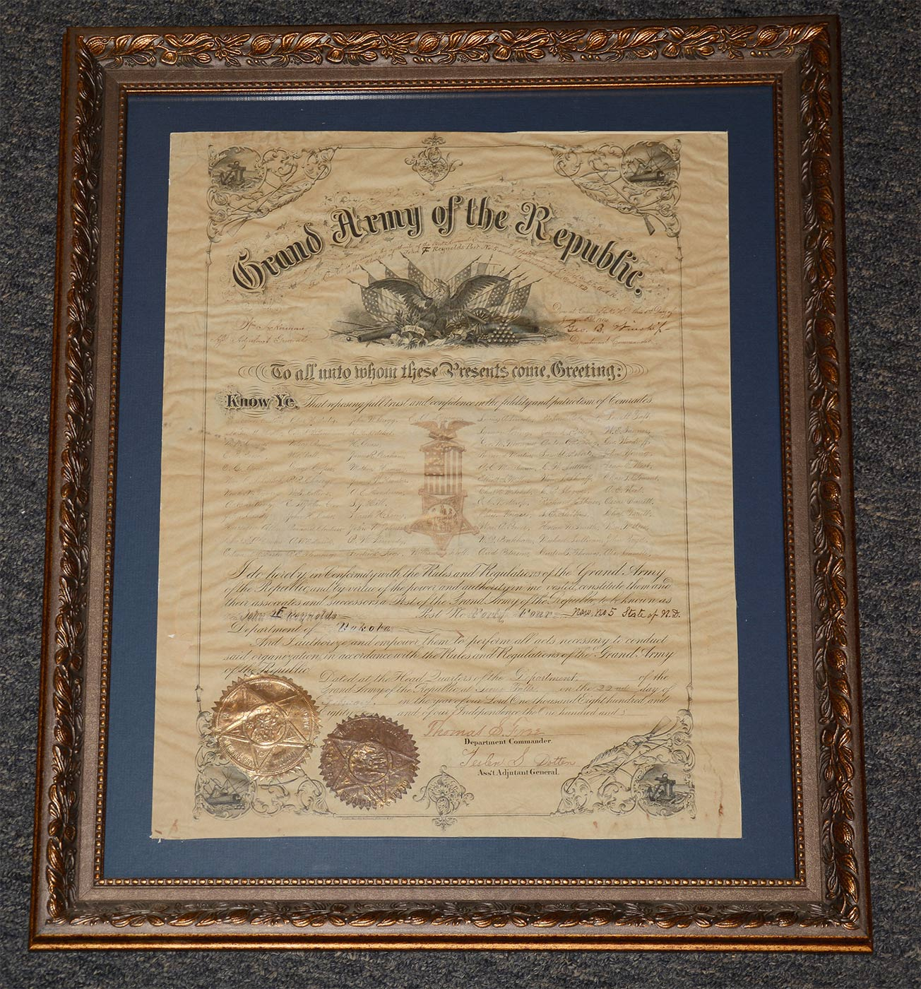 FRAMED GAR POST CHARTER FOR THE JOHN F. REYNOLDS POST #5 IN NORTH ...