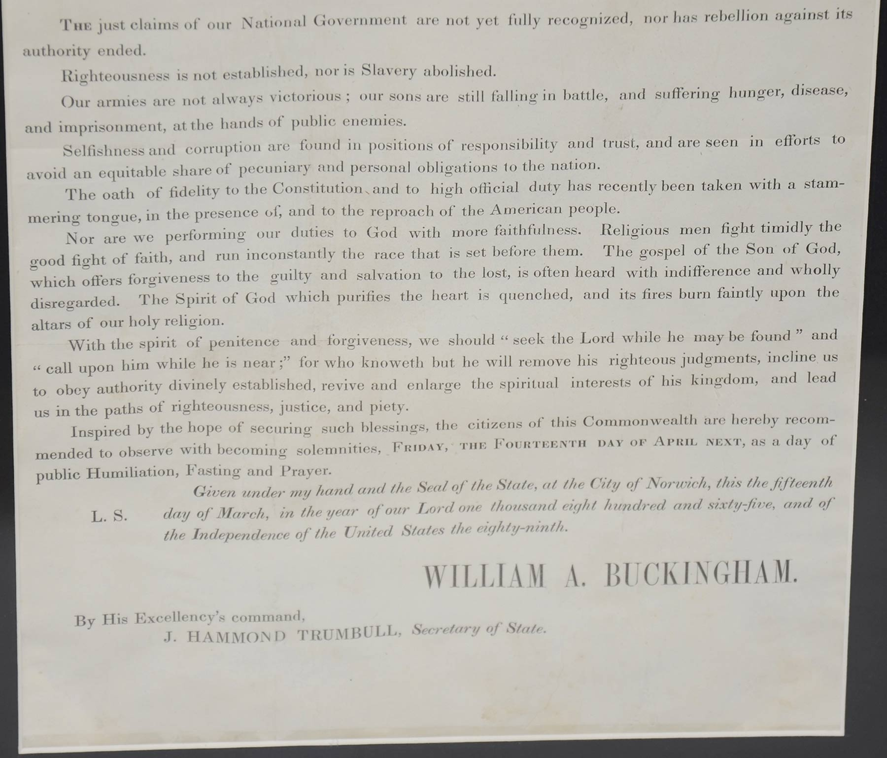 THE GOVERNOR OF CONNECTICUT PROCLAIMS A DAY OF PENITENCE AND PRAYER SET ...