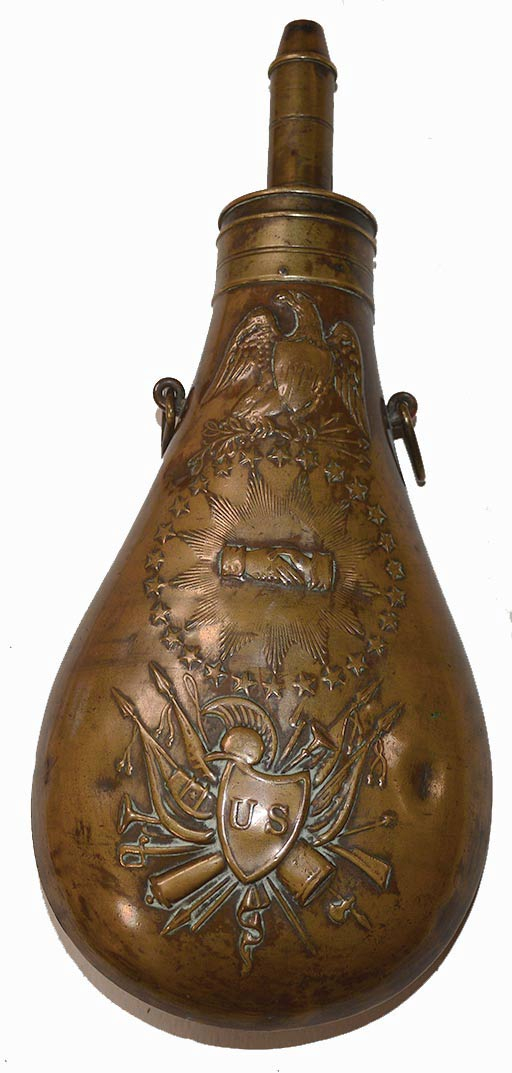 US MARKED 1838 DATED “PEACE” POWDER FLASK BY AMES — Horse Soldier