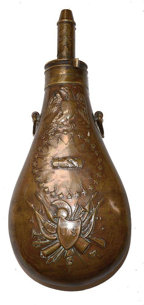 US MARKED 1838 DATED “PEACE” POWDER FLASK BY AMES — Horse Soldier