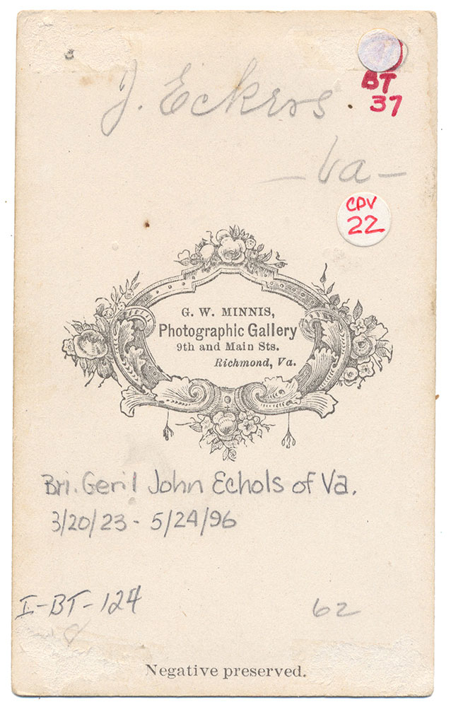 OUTSTANDINGLY CLEAR CDV OF CONFEDERATE GENERAL JOHN ECHOLS BY RICHMOND PHOTOGRAPHER — Horse Soldier