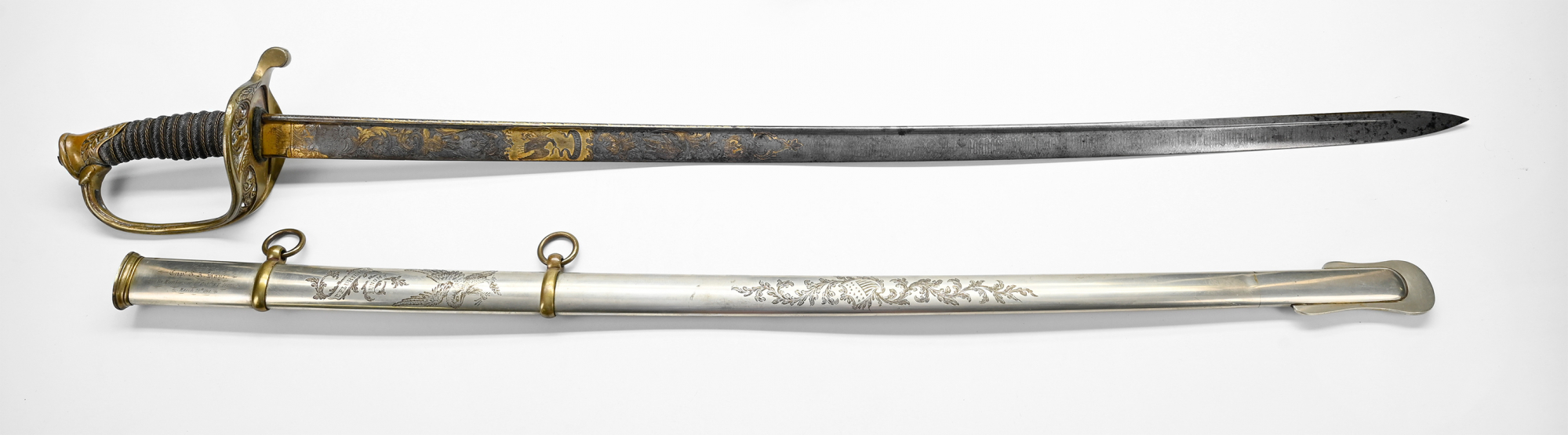 IMPRESSIVE GOLD WASHED DAMASCUS BLADE PRESENTATION SWORD OF CAPT ...
