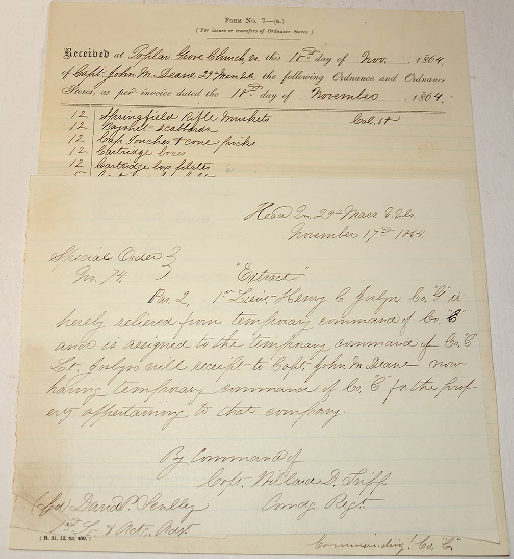 NOV. 1864 UNION ORDNANCE DOCUMENT - CAPTAIN JOHN M. DEANE, 29TH MASS ...