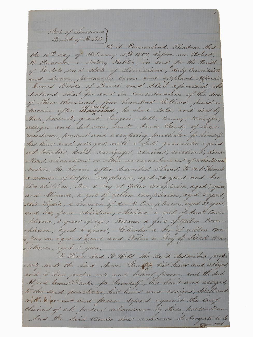 SLAVE DOCUMENT - MANUSCRIPT BILL OF SALE, DE SOTO PARISH, LOUISIANA ...