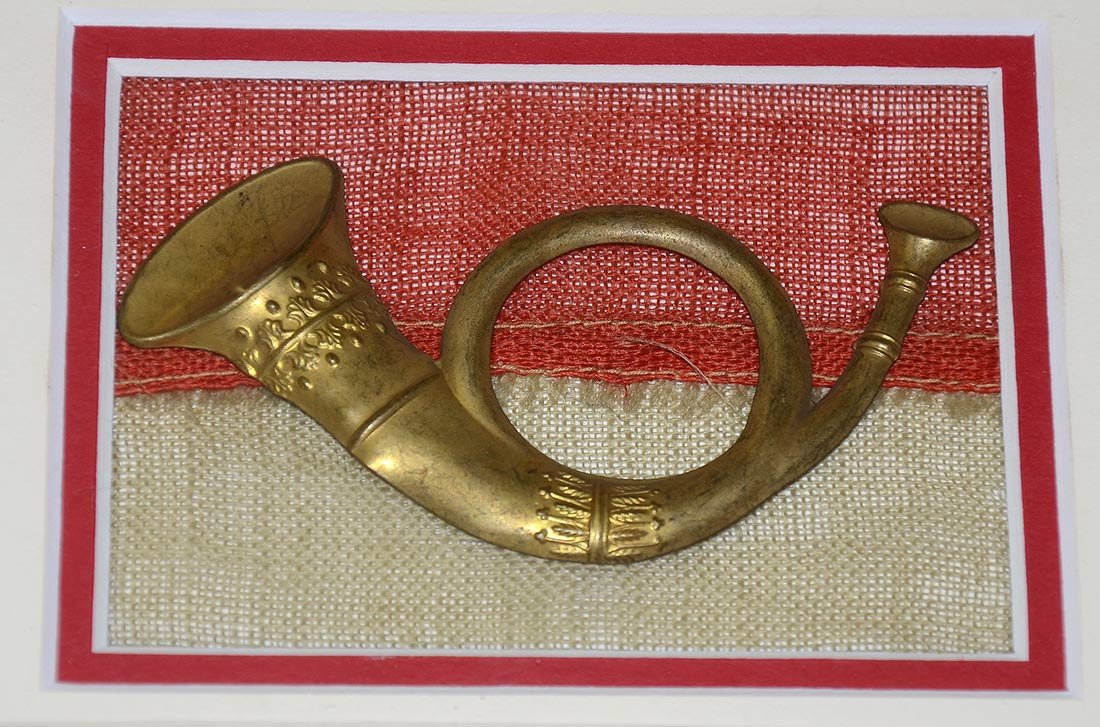 ATTRACTIVE DISPLAY WITH ORIGINAL US INFANTRY HORN INSIGNIA AND FRAGMENT ...