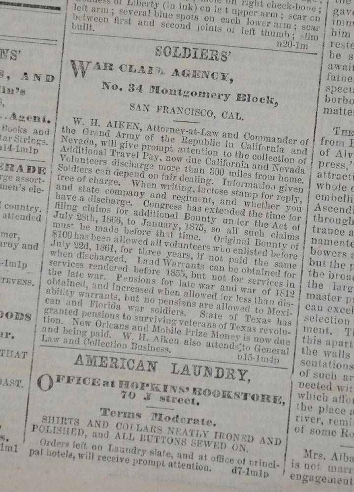 SACRAMENTO DAILY UNION, DECEMBER 10, 1874 — Horse Soldier