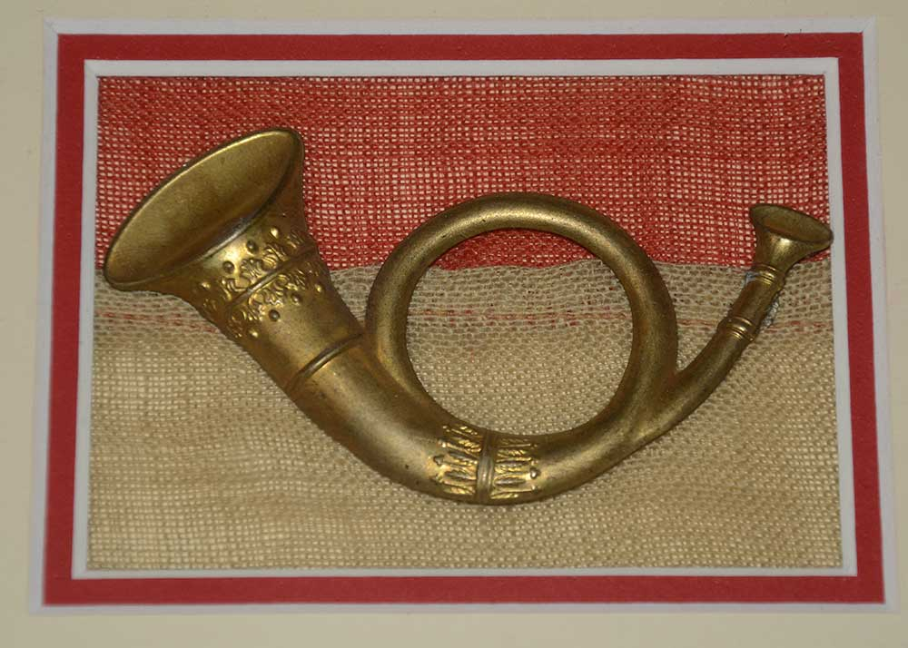 ATTRACTIVE DISPLAY WITH ORIGINAL US INFANTRY HORN INSIGNIA AND FRAGMENT ...