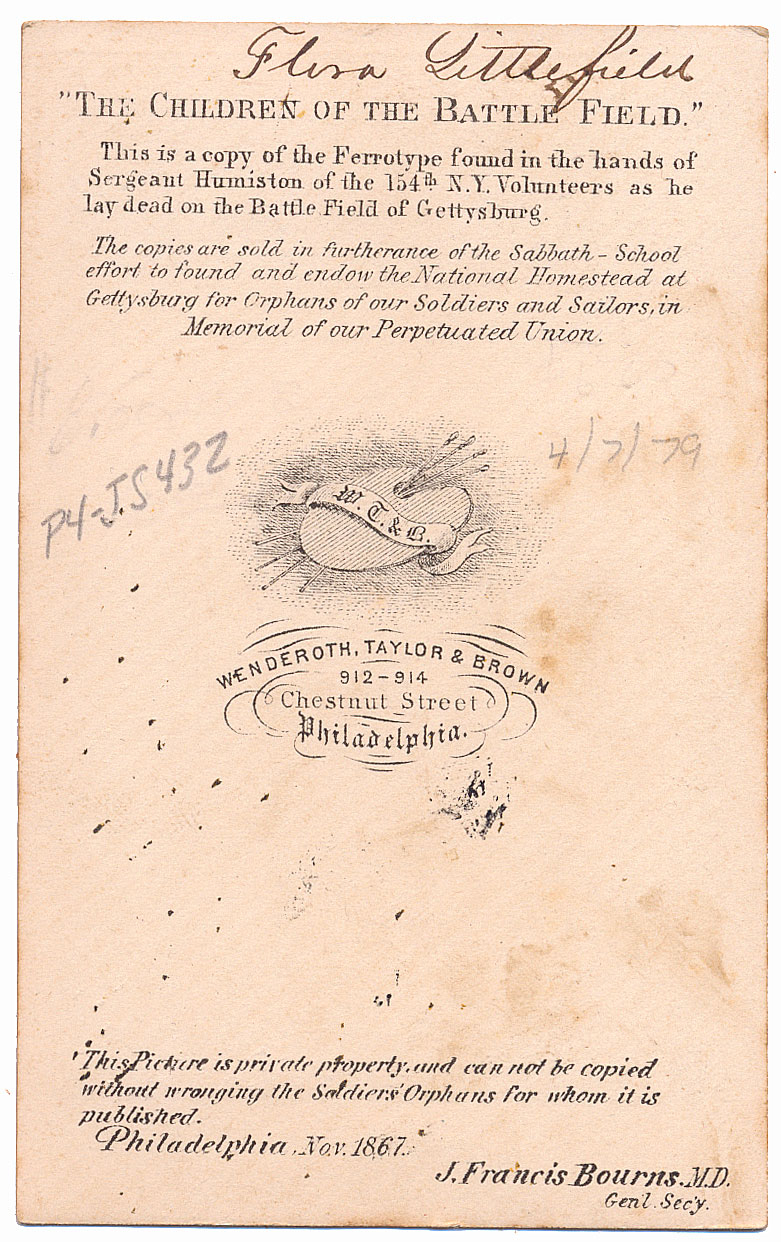 CDV OF THE HUMISTON CHILDREN WHO’S FATHER WAS KILLED AT GETTYSBURG ...