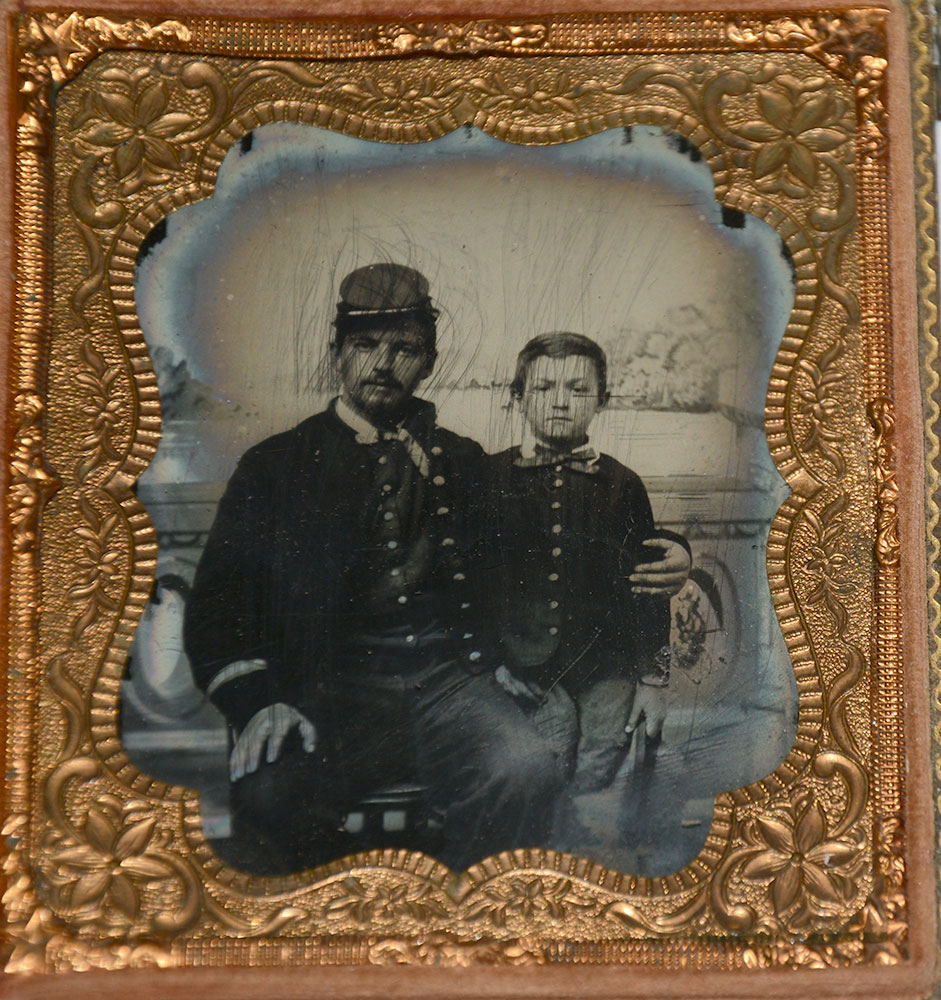 SIXTH-PLATE RUBY AMBROTYPE OF A VETERAN UNION SOLDIER & SON — Horse Soldier