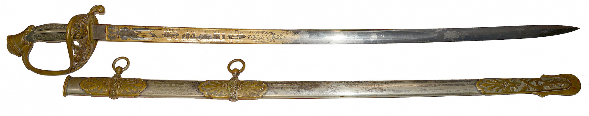 BEAUTIFUL, ORNATE, SILVERED AND GILT PRESENTATION SWORD OF LT. GEORGE H ...