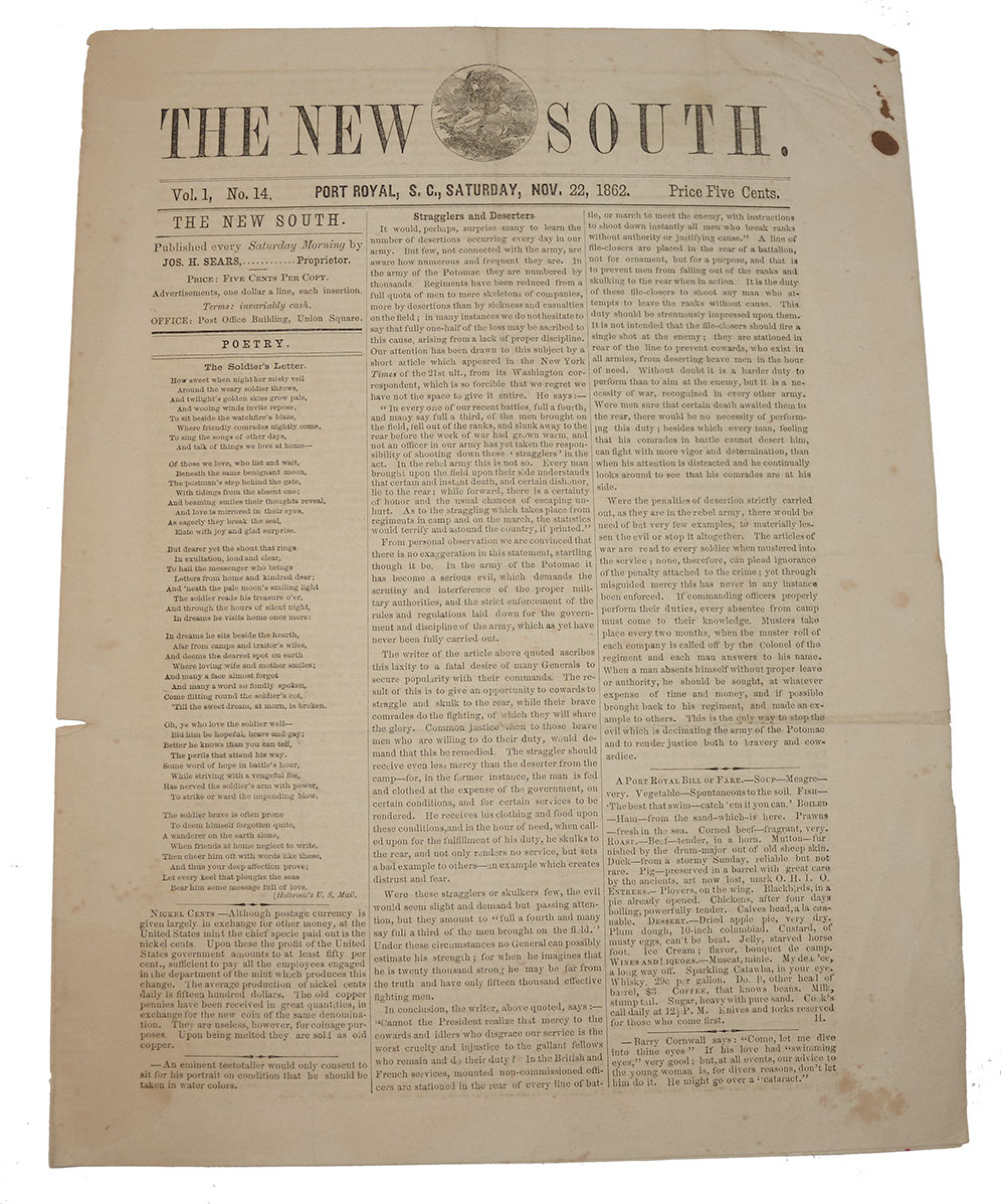 UNION OCCUPATION NEWSPAPER THE NEW SOUTH - PORT ROYAL, S.C., NOVEMBER ...