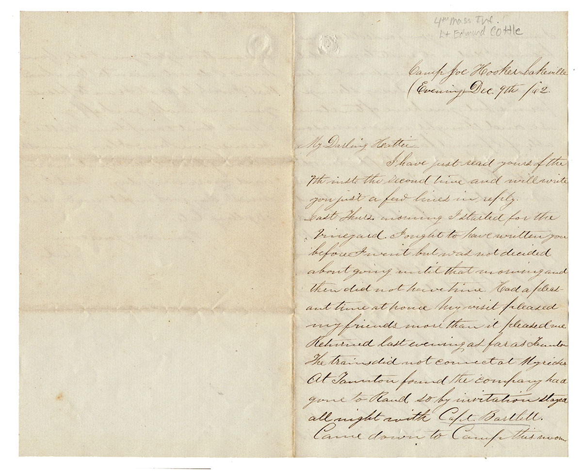 SOLDIER LETTER—2ND LIEUTENANT EDMUND COTTLE, CO. “D”, 4TH MASS ...