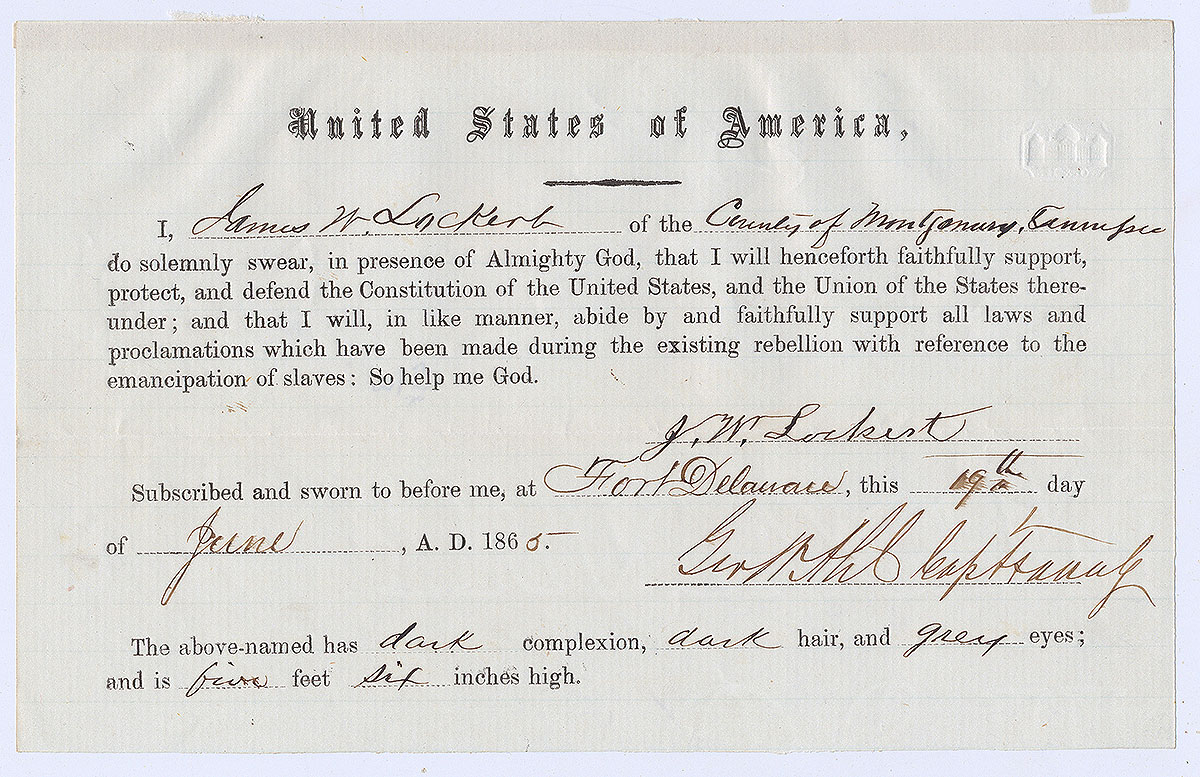 OATH OF ALLEGIANCE OF LT. COL. JAMES W. LOCKERT, 14TH TENNESSEE ...