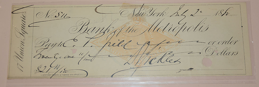 POST-WAR BANK CHECK WRITTEN AND SIGNED BY GEN. DAN SICKLES — Horse Soldier